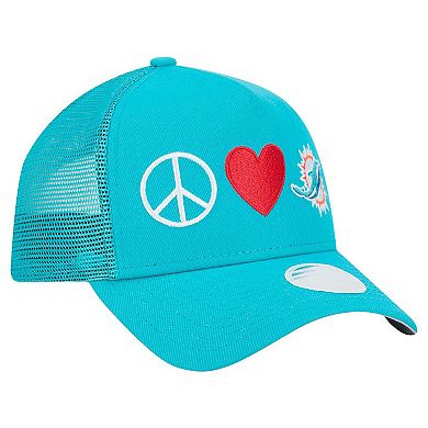 Women's New Era Aqua Miami Dolphins Peace & Love Trucker 9FORTY ...