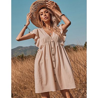 Women's Ruffle Babydoll Dress Short Sleeve V Neck High Waist Botton ...