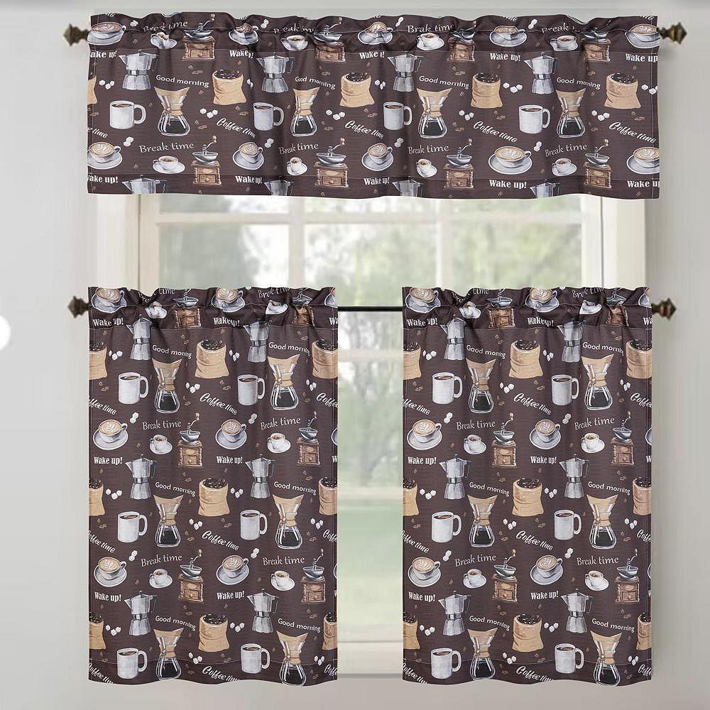 Tribeca Coffee Printed Slub 3 Pieces Kitchen Curtain Set