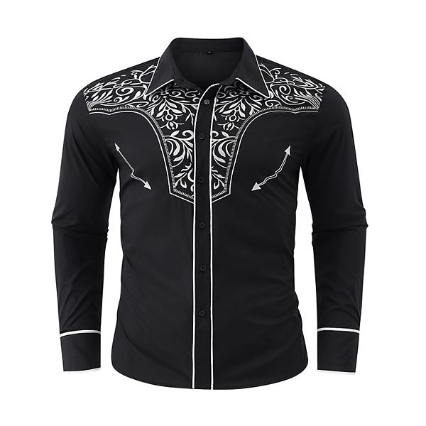 Men's Casual Western Embroidered Cowboy Shirt With Floral Design