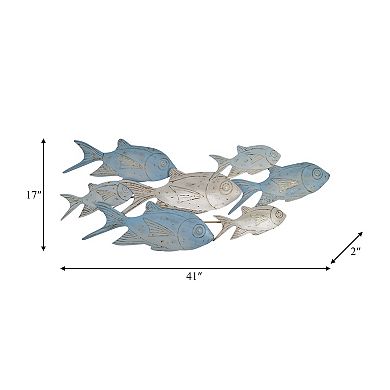 42"lx17"h, Metal School Of Fish Wall Decor, Blue, Iron, Coastal Home ...