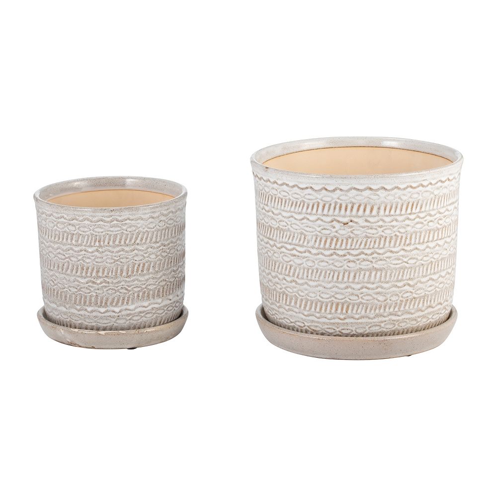 Set Of Two 6/8"h Ivory And Beige Geometric Pattern Ceramic Planters ...