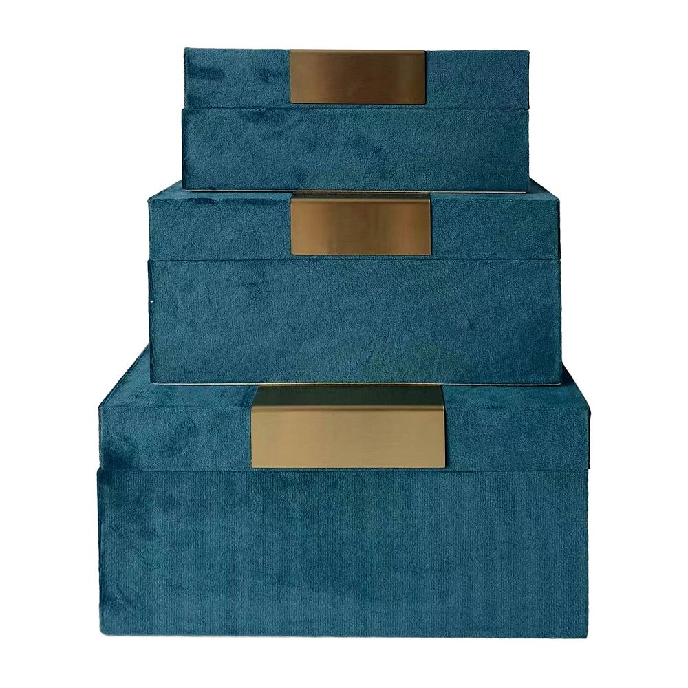 Set Of 3 Decorative Storage Boxes - Teal Green And Gold Velvet Wooden ...