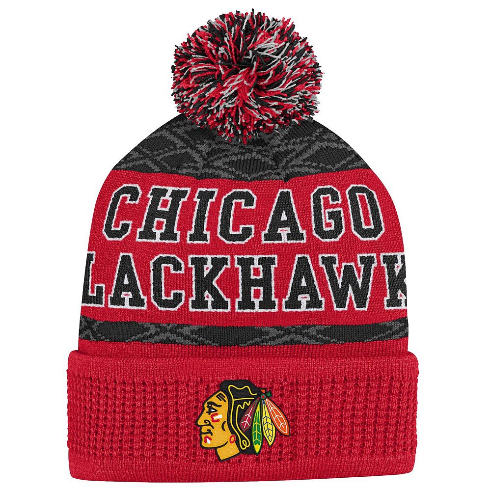 Youth Chicago Blackhawks Red Puck Pattern Cuffed Knit Hat with Pom