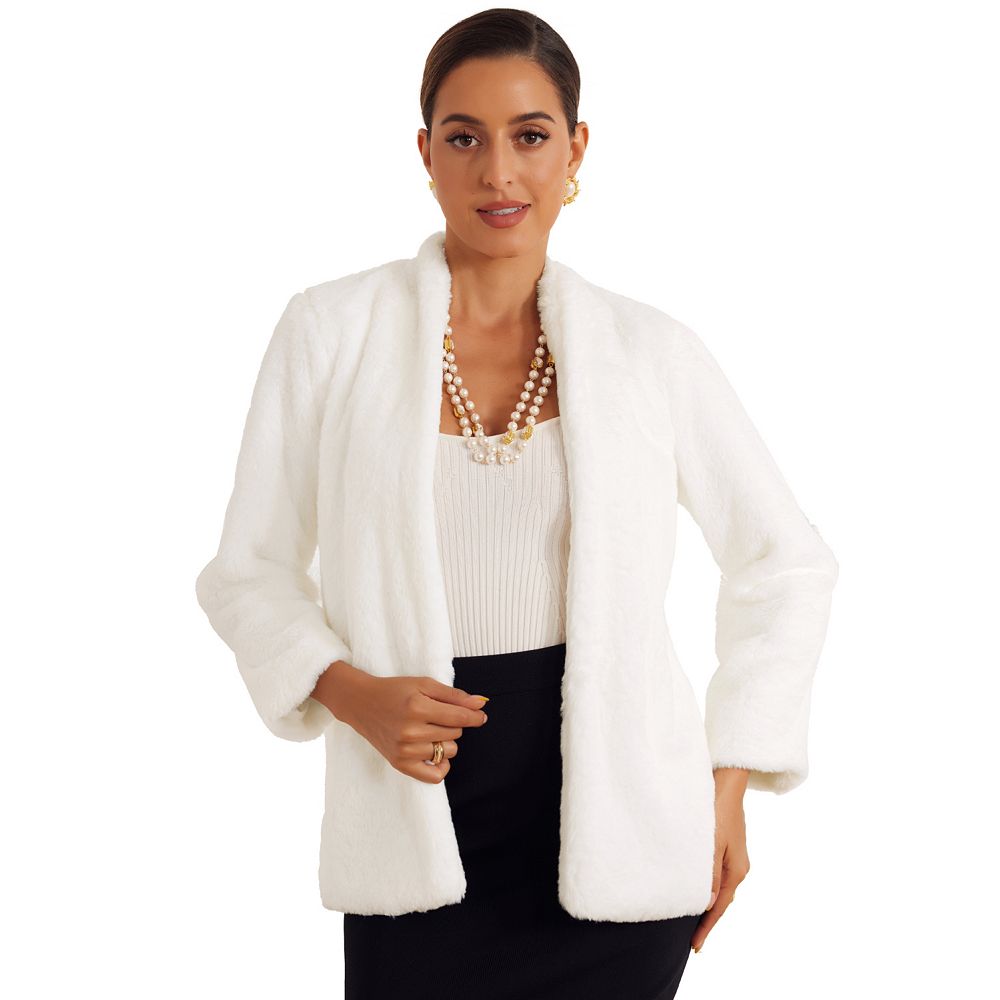 Faux Fur Coat For Women's With Pockets Long Sleeve Open Front Fluffy Jackets
