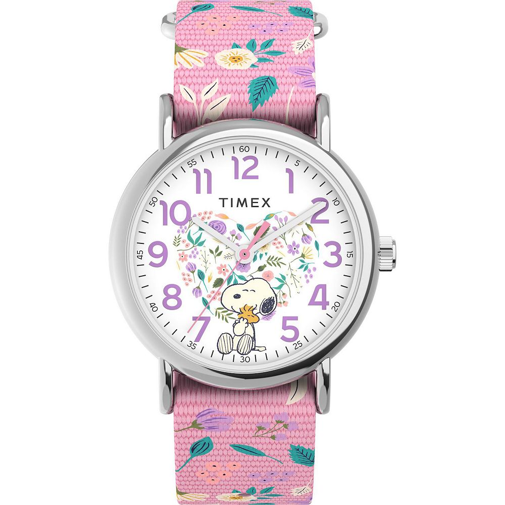 Timex Weekender® x Peanuts Snoopy & Woodstock Floral Fabric Strap Watch ...