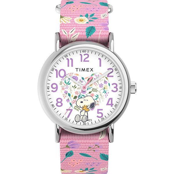 Timex Weekender® x Peanuts Snoopy & Woodstock Floral Fabric Strap Watch ...