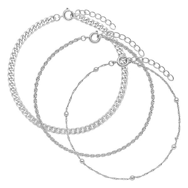 PRIMROSE Fine Silver Plated Singapore Bead Station Bracelet, Rope Bracelet, And Curb Bracelet 3 ...