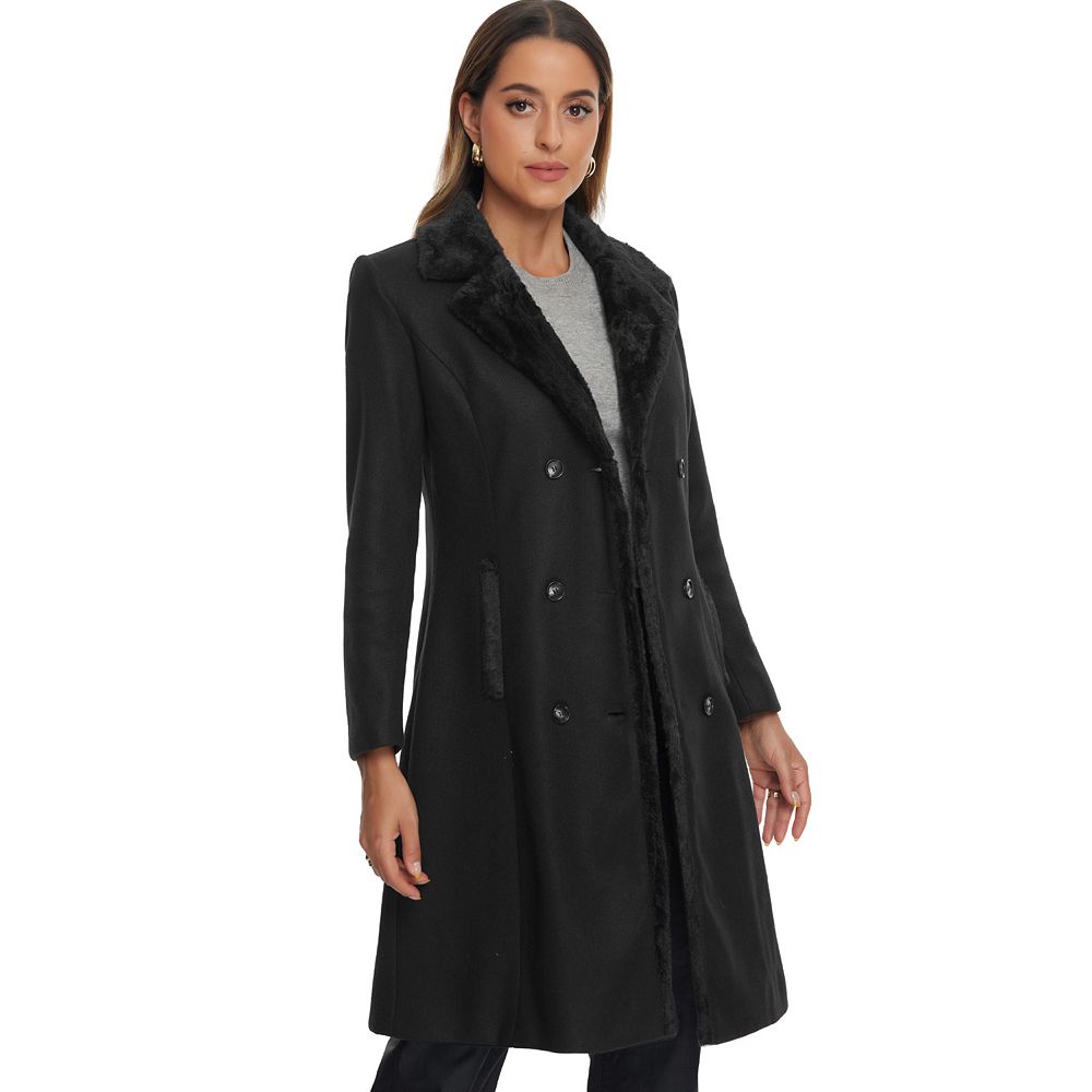Faux Fur Lapel Coat For Women's Fashion Double-breasted Winter Warm Pea ...