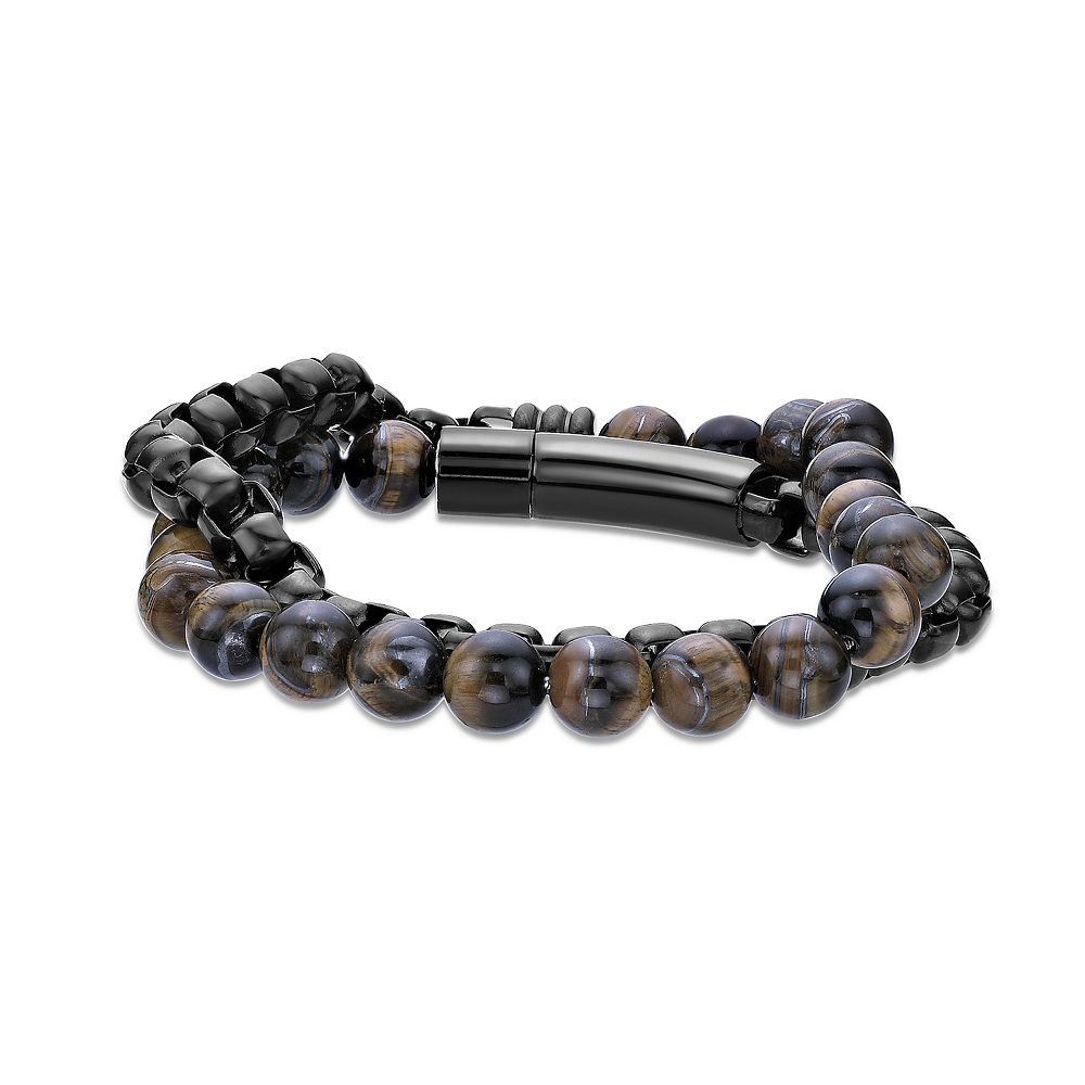 LYNX Men's Stainless Steel Tiger Eye Beaded Box Chain Wrap Bracelet