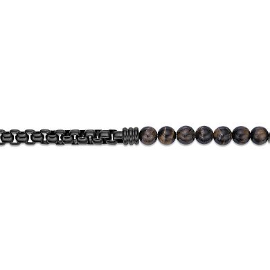 LYNX Men's Stainless Steel Tiger Eye Beaded Box Chain Wrap Bracelet