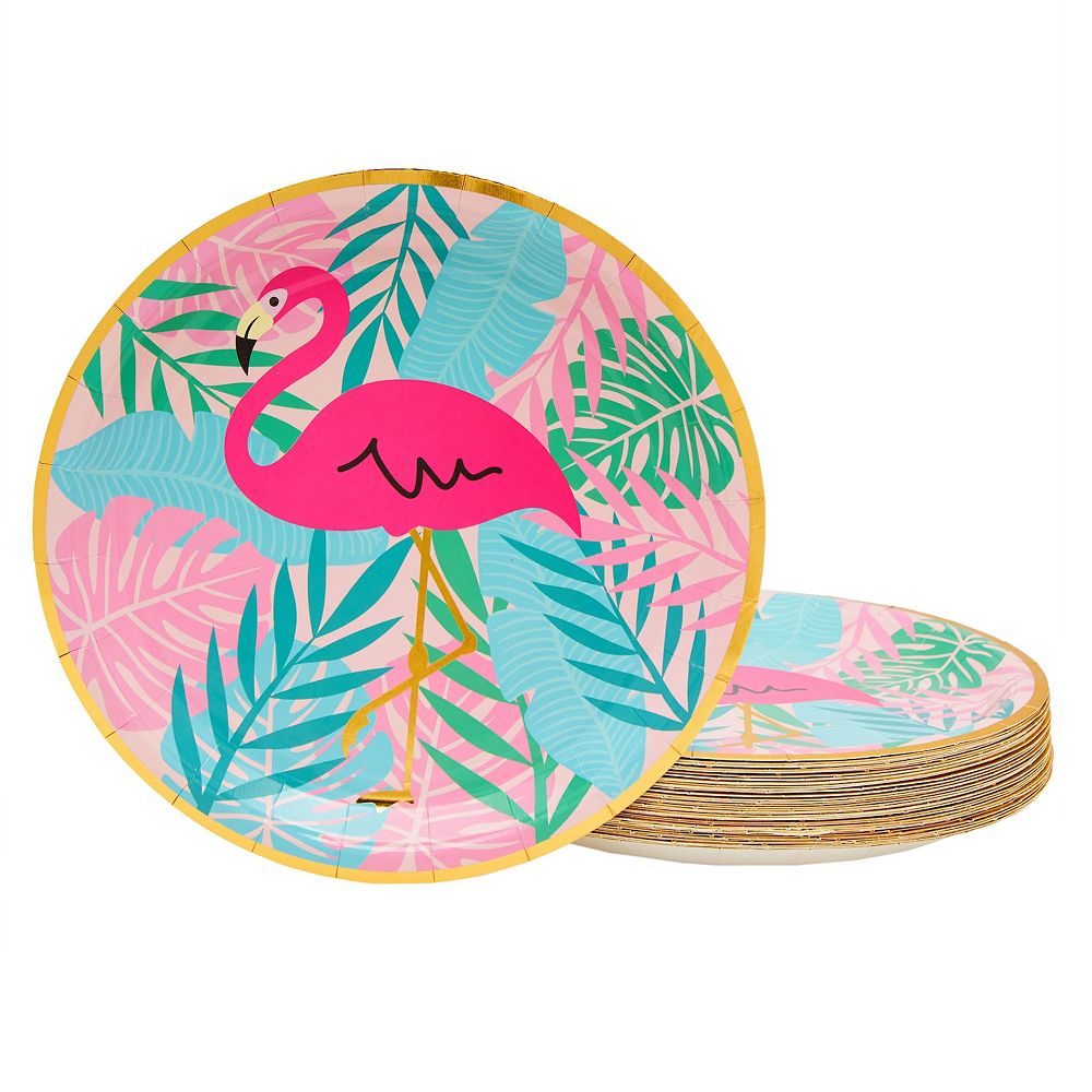 48 Pack Tropical Flamingo Plates With Gold Foil For Hawaiian Themed ...