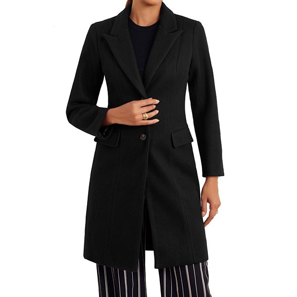Notch Lapel Coat For Women's Pockets Buttons Elegant Long Sleeve Winter ...