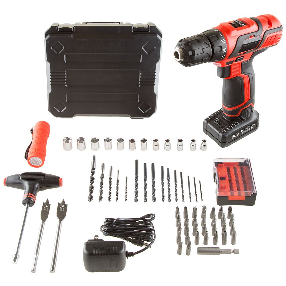 Stalwart 65pc Cordless Drill Set With Bits, Red