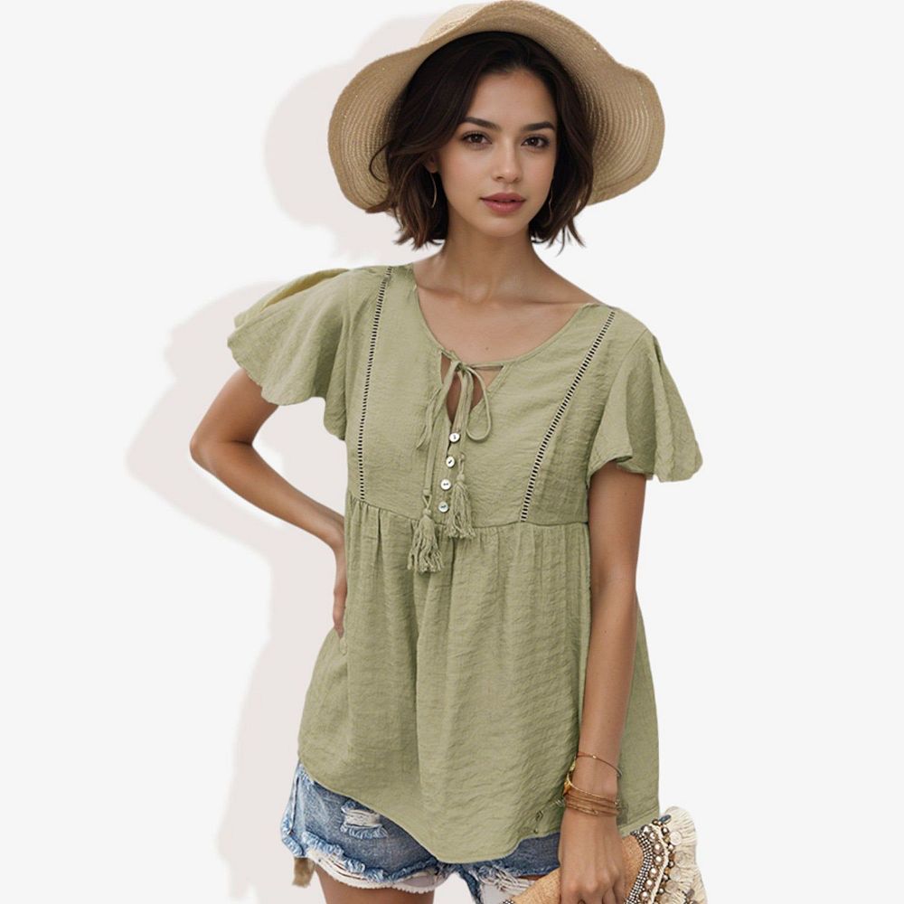 Women's Short Sleeve Boho Top With Tassel Tie Front And Crochet Trim ...