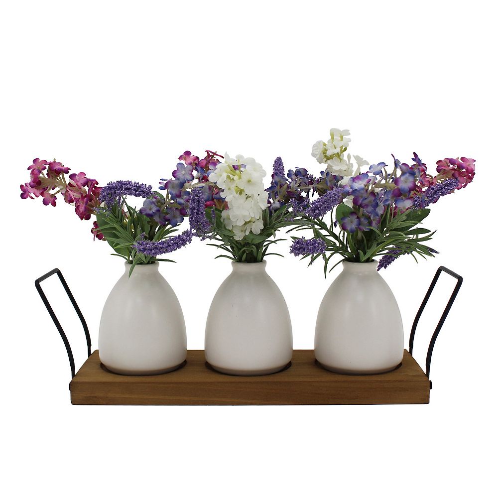 3-Piece Faux Purple Springtime Botanical Vase & Tray Set