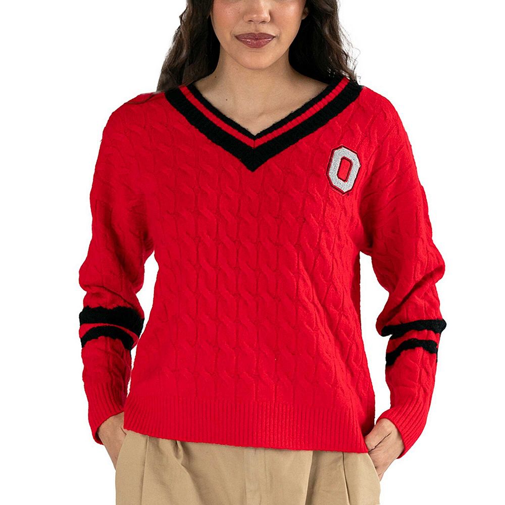 Women's Lusso Scarlet Ohio State Buckeyes Stella Cable Knit V-Neck ...
