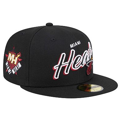 Men's New Era Black Miami Heat Sport Night Script Sided 59FIFTY Fitted Hat