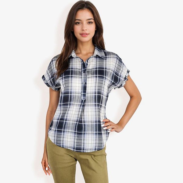 Women's Short Sleeve Plaid Button Down Blouse