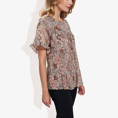 Women's Floral Print Blouse With Ruffled Hem And Sheer Overlay Top