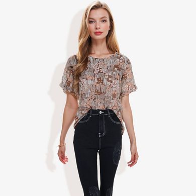 Women's Floral Print Blouse With Ruffled Hem And Sheer Overlay Top