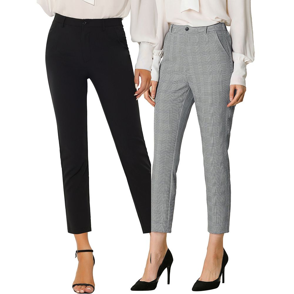 2 Packs Women's High Elastic Waist Back Ankle Length Plaid Work Pants