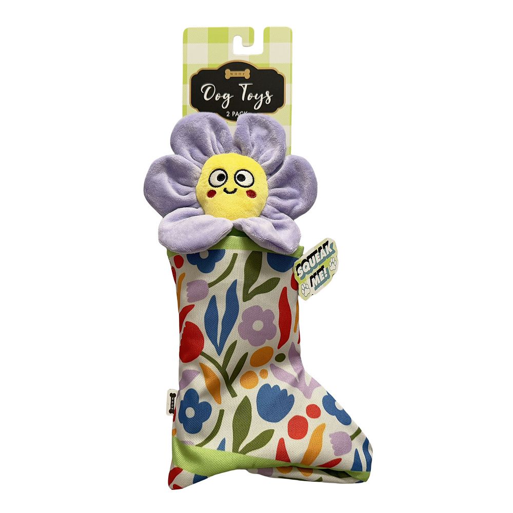 Woof 2-Piece Flower & Boot Oxford Plush Dog Toy Set