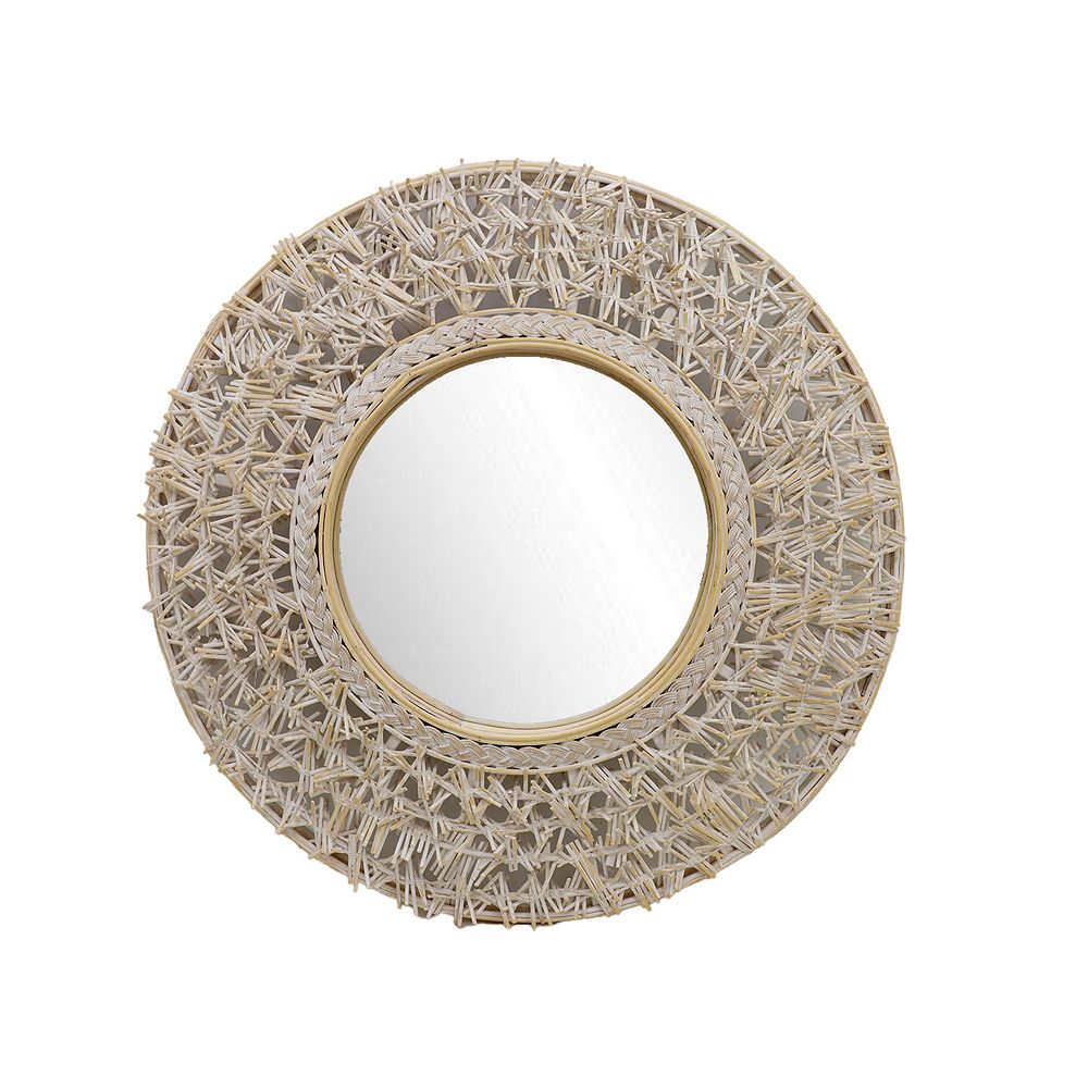 Parisloft 24 Inch Round Rattan Farmhouse Wall Mirror,
