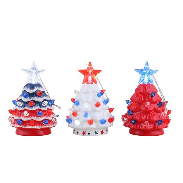 Mr Christmas Set of 3 LED Mini Nostalgic Ceramic Patriotic Trees Table ...