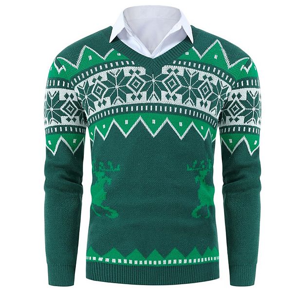 Men's Christmas Sweaters Holiday Reindeer Snowflakes V Neck Pullover