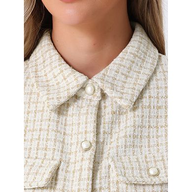 Tweed Shirt Jacket For Women's Plaids Long Sleeves Loose Shirt