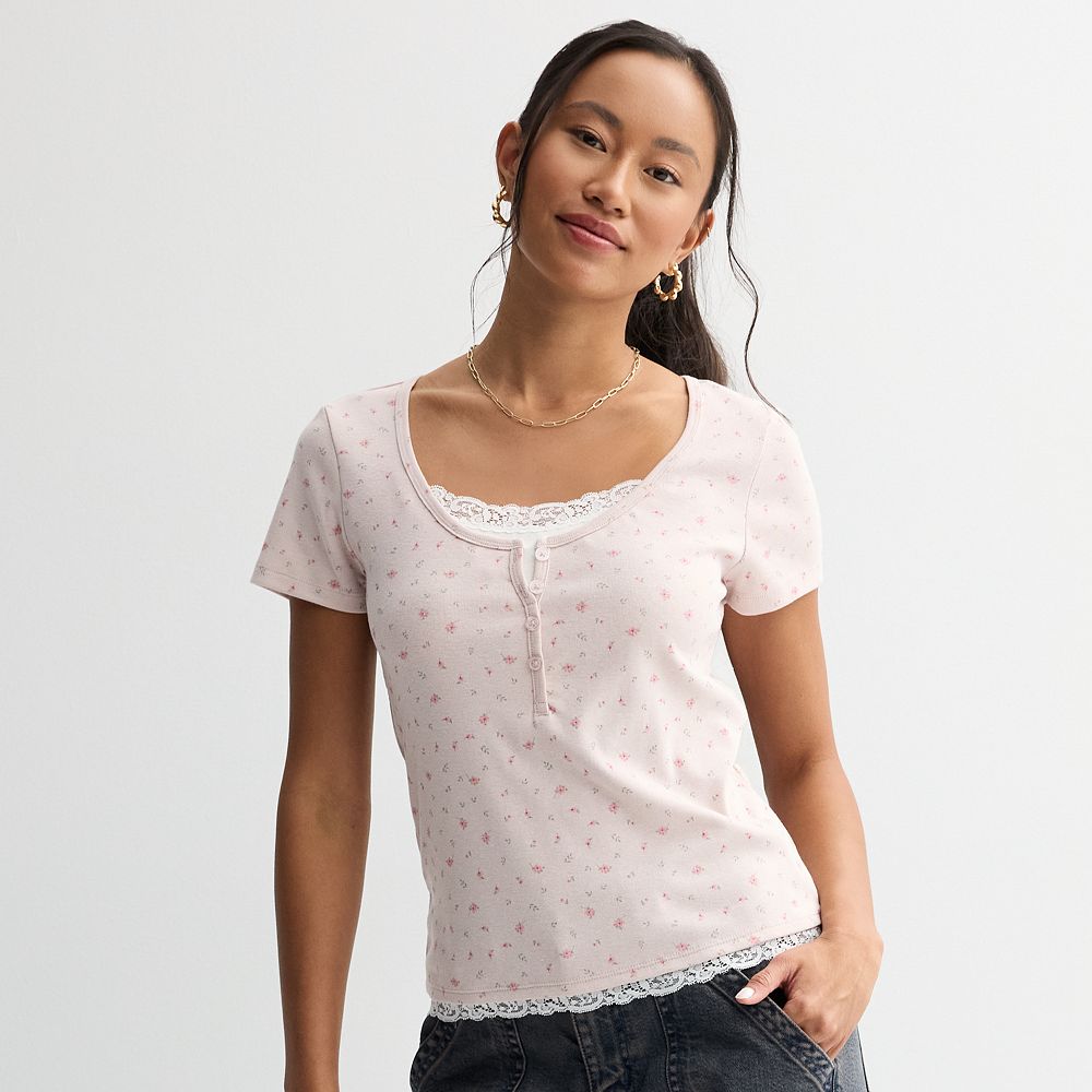 Juniors' Pink Republic 2-Fer Short Sleeve Henley Top With Lace Trim