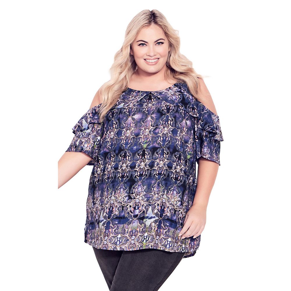 Avenue Women's Plus Size Frill Cold Shoulder Top