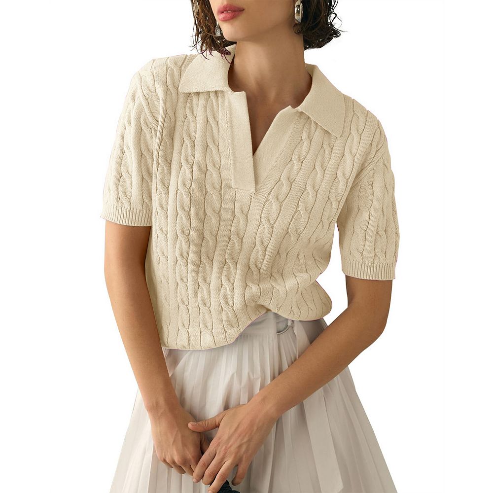 Womens Short Sleeve Sweaters Tops V Neck Lapel Cable Knit Sweater ...