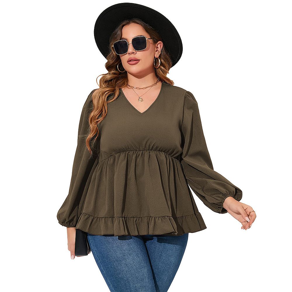 Women's Plus Size Blouses V Neck Babydoll Tunic Long Sleeve Chiffon Casual Tops Ruffle Shirts