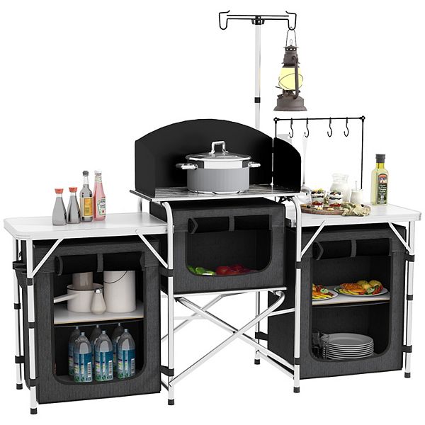 Outsunny Folding Camping Kitchen With Windshield Fabric Cupboards