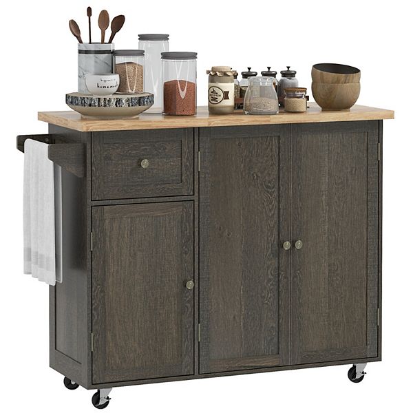 Homcom Triple-cabinet Rolling Kitchen Island On Wheels, Kitchen