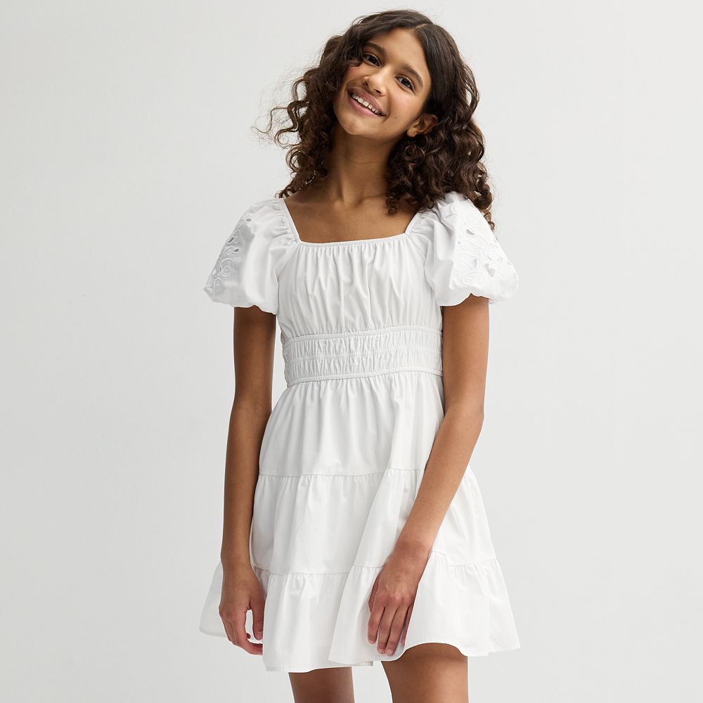 Girls 7-14 Trixxi Eyelet Puff Sleeve Tiered Dress With Hair Bow