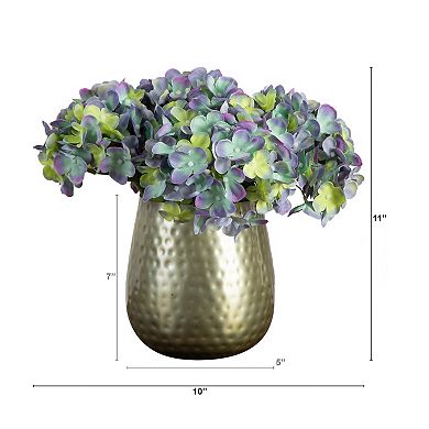 nearly natural 11 in. Artificial Hydrangea Arrangement in Gold Metal Vase