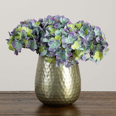 nearly natural 11 in. Artificial Hydrangea Arrangement in Gold Metal Vase