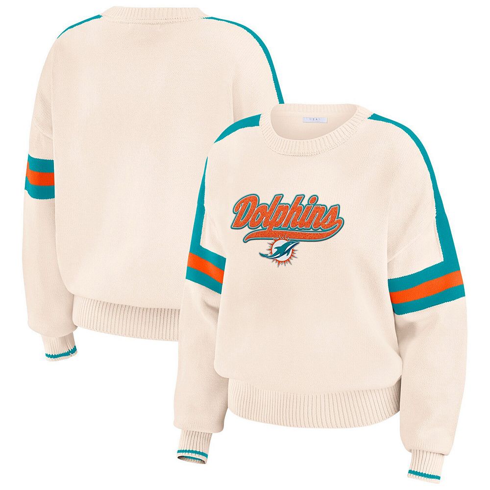 Women's WEAR by Erin Andrews Cream Miami Dolphins Stripe Pullover Sweater