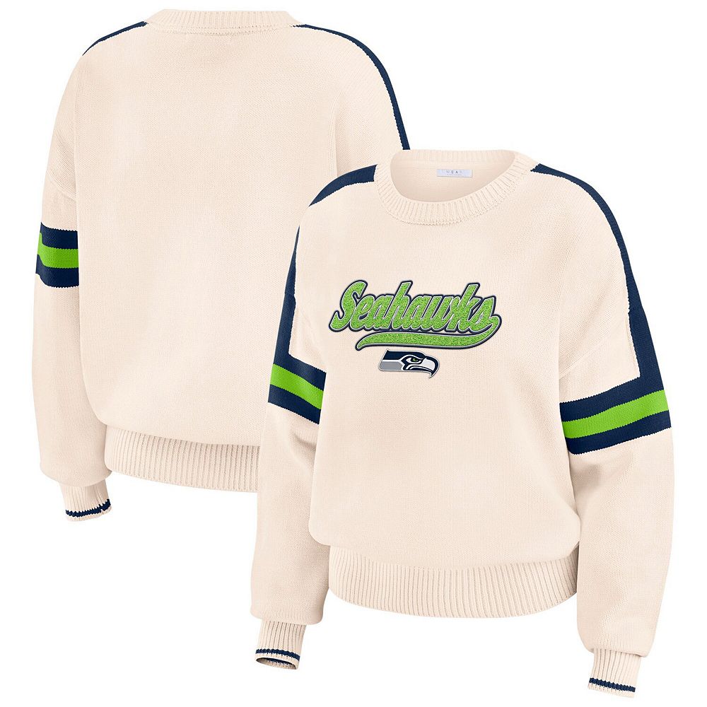 Women's WEAR by Erin Andrews Cream Seattle Seahawks Stripe Pullover Sweater