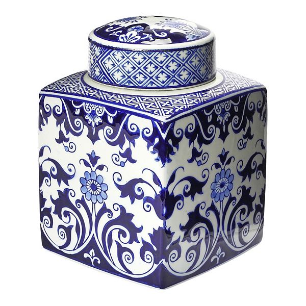 Storied Home Decorative Square Blue & White Ceramic Ginger Jar & Lid