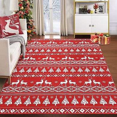 Garvee Christmas Trees Reindeer Elk Rugs Xmas Holiday Decorative Throw Rug