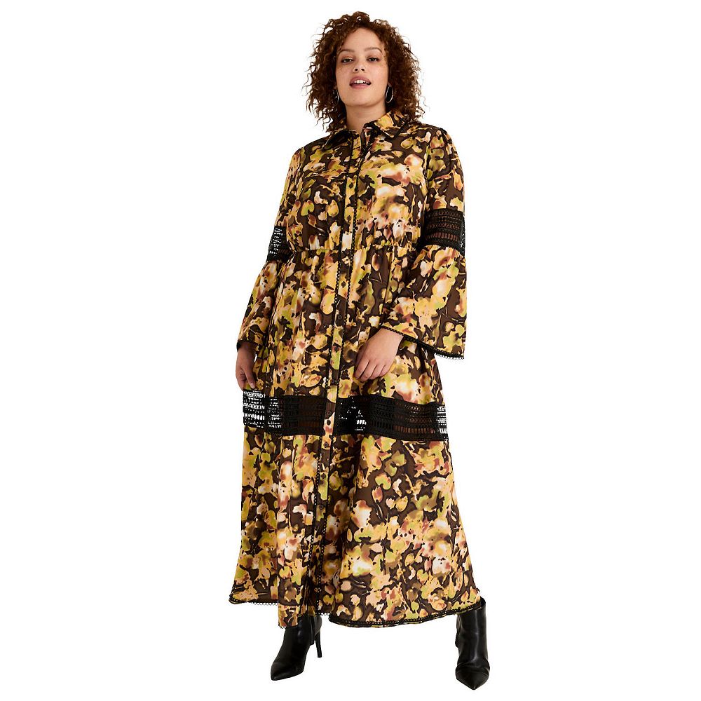 June + Vie Women's Plus Size Lace-Panelled Midi Shirt Dress