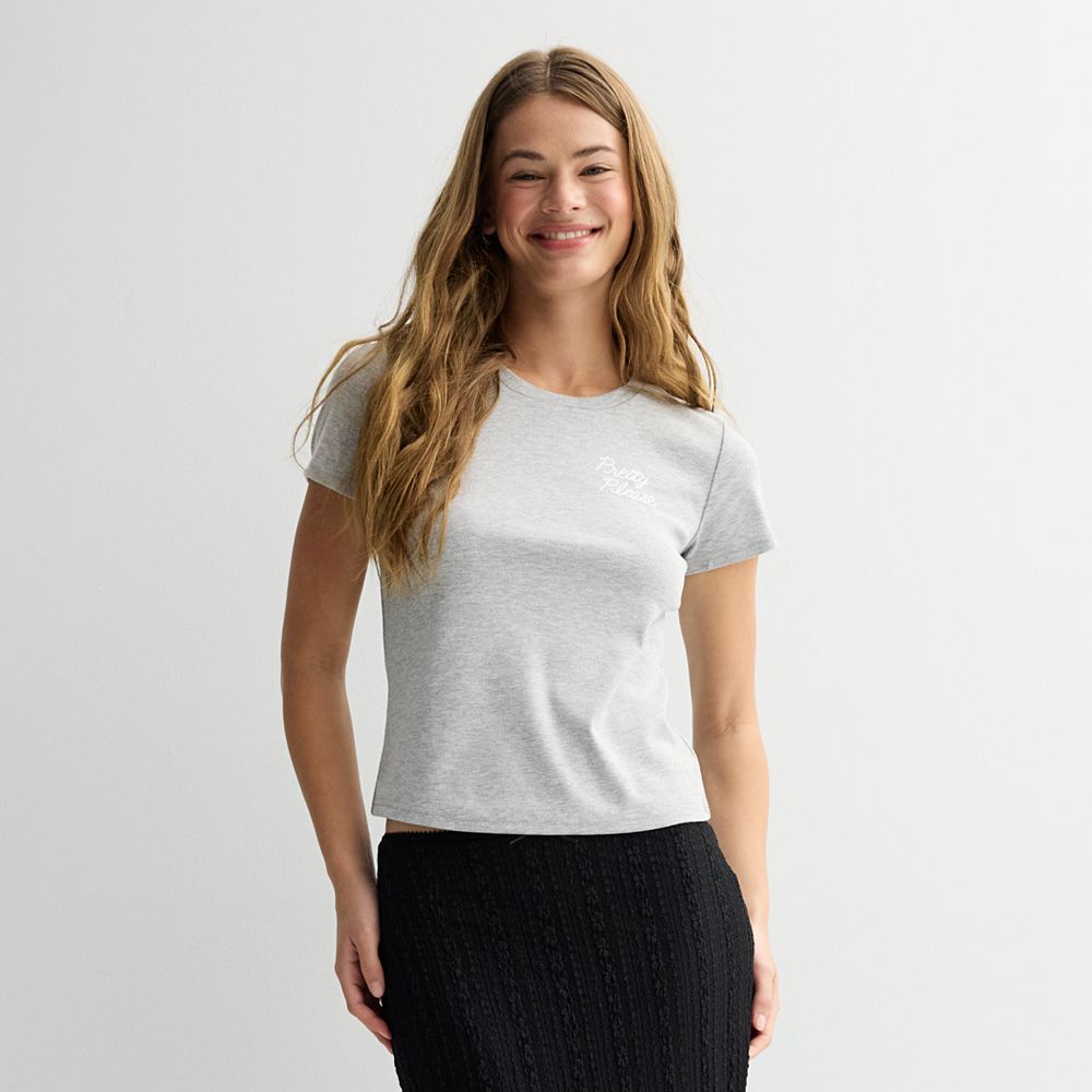 Juniors' Pink Rose Embroidered Crewneck T-Shirt