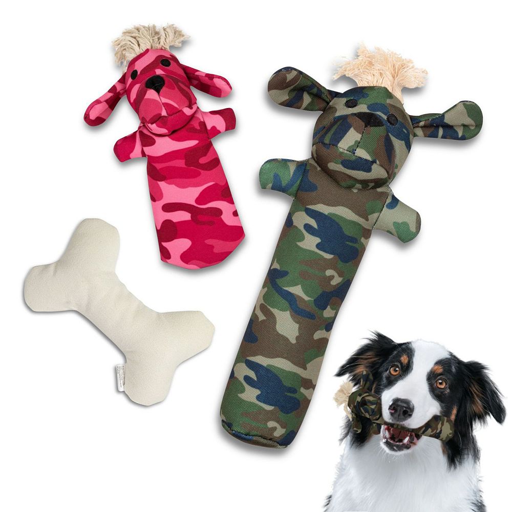 3pc Durable Cotton Canvas Dog Chew Toy Set Sarge, T-Bone & Pink, Child-Safe