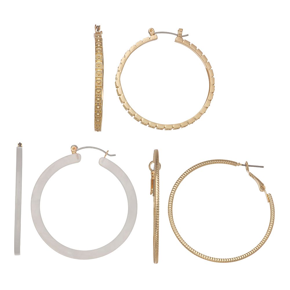 Emberly 3-Pair Gold Tone and Acrylic Mix Media Hoop Earrings Set