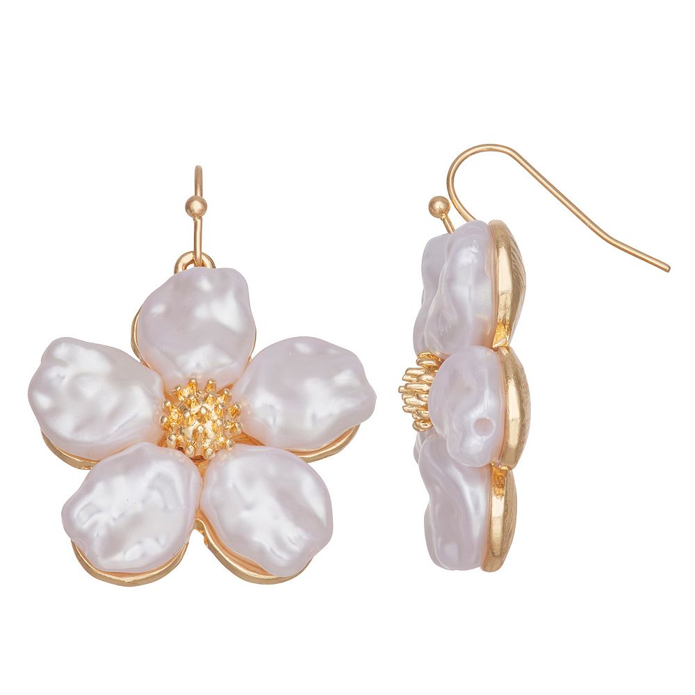 Emberly Gold Tone and Simulated Pearl Flower Drop Earrings