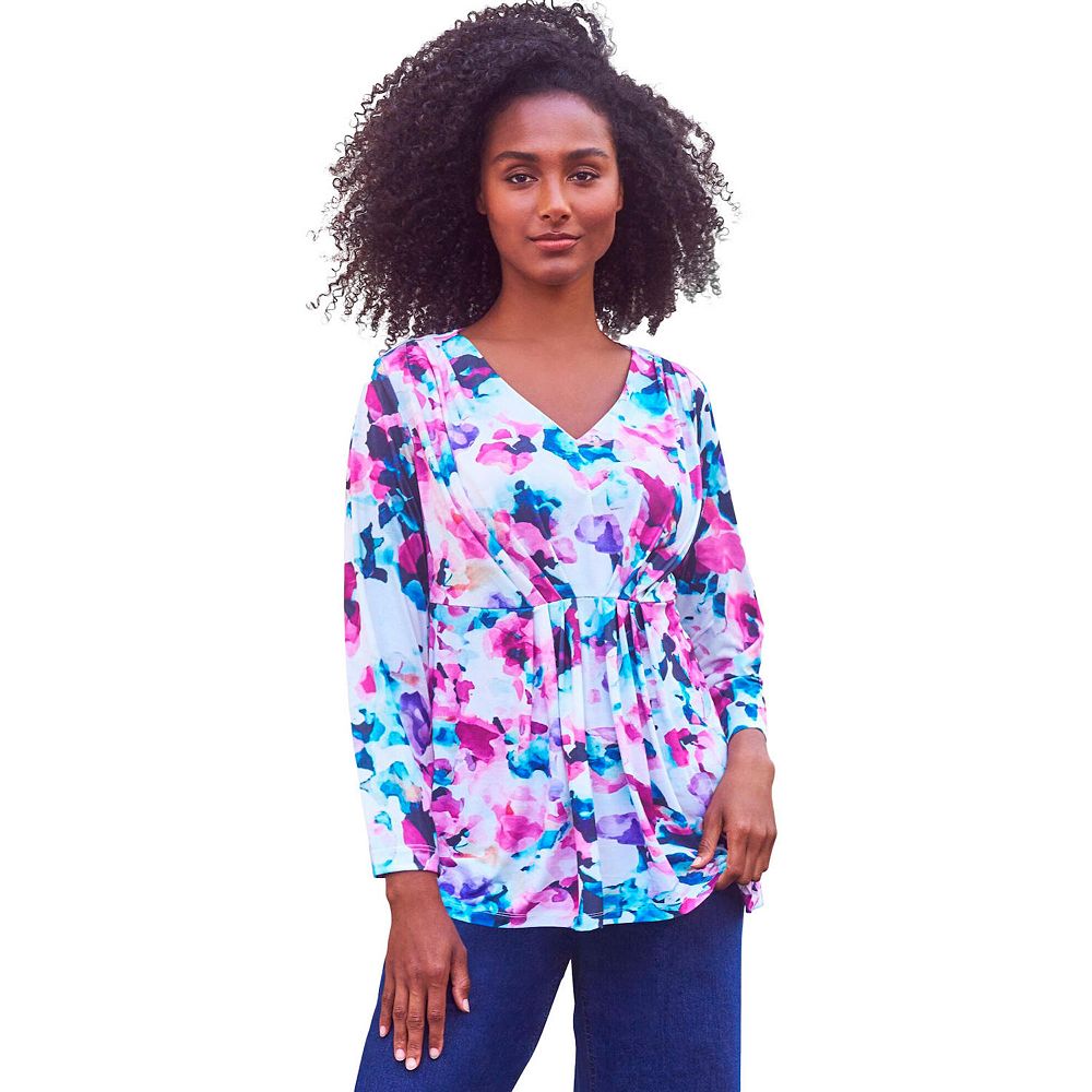 ellos Women's Plus Size V-Neck Pleated Bodice Knit Tunic